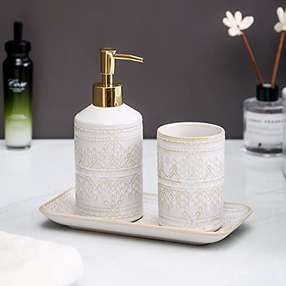 Rectangular Vanity Sink Tray for Bathroom Ceramic Kitchen Dreesser Tray with Emboss Pattern, Comestic Jewelry Dish Ring Holder Bathtub Organizer Dessert Plate Home Decor, Cream
