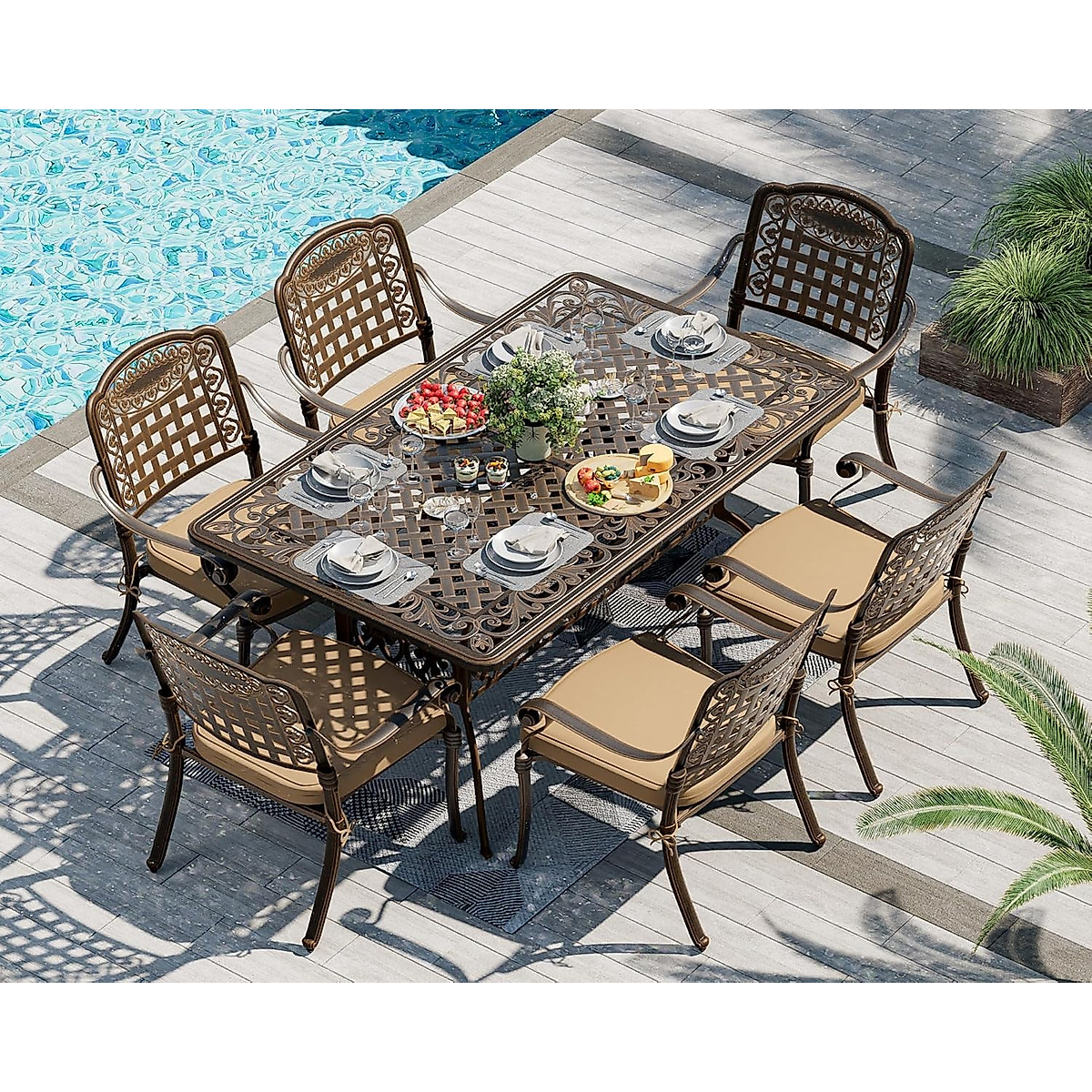 TITIMO Cast Aluminum Patio Dining Set 7-Piece with Cast-Top Table and Chairs with Cushions,Outdoor Furniture Set for Backyard Porch Pool (6 Love Chairs+Rect Table+Khaki Cushions)