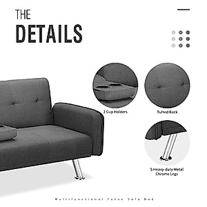 IULULU Futon Sofa Bed, Convertible Couch with 2 Cup Holders Loveseat with Armrest for Studio, Apartment, Office, Living Room, Dark Grey