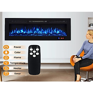 Naomi Home Kimball Electric Fireplace, Recessed & Wall Mounted Electric Fireplace, Remote Control with Timer, 9 Adjustable Color, WiFi Black/60 inches