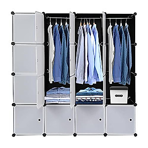 Kopokd Maximize Home Organization with Stackable Modular Shelving Closet Organizer - Plastic Storage Cubes with Hanging Rod and Wardrobe Cabinet Plus White Doors and Black Panels