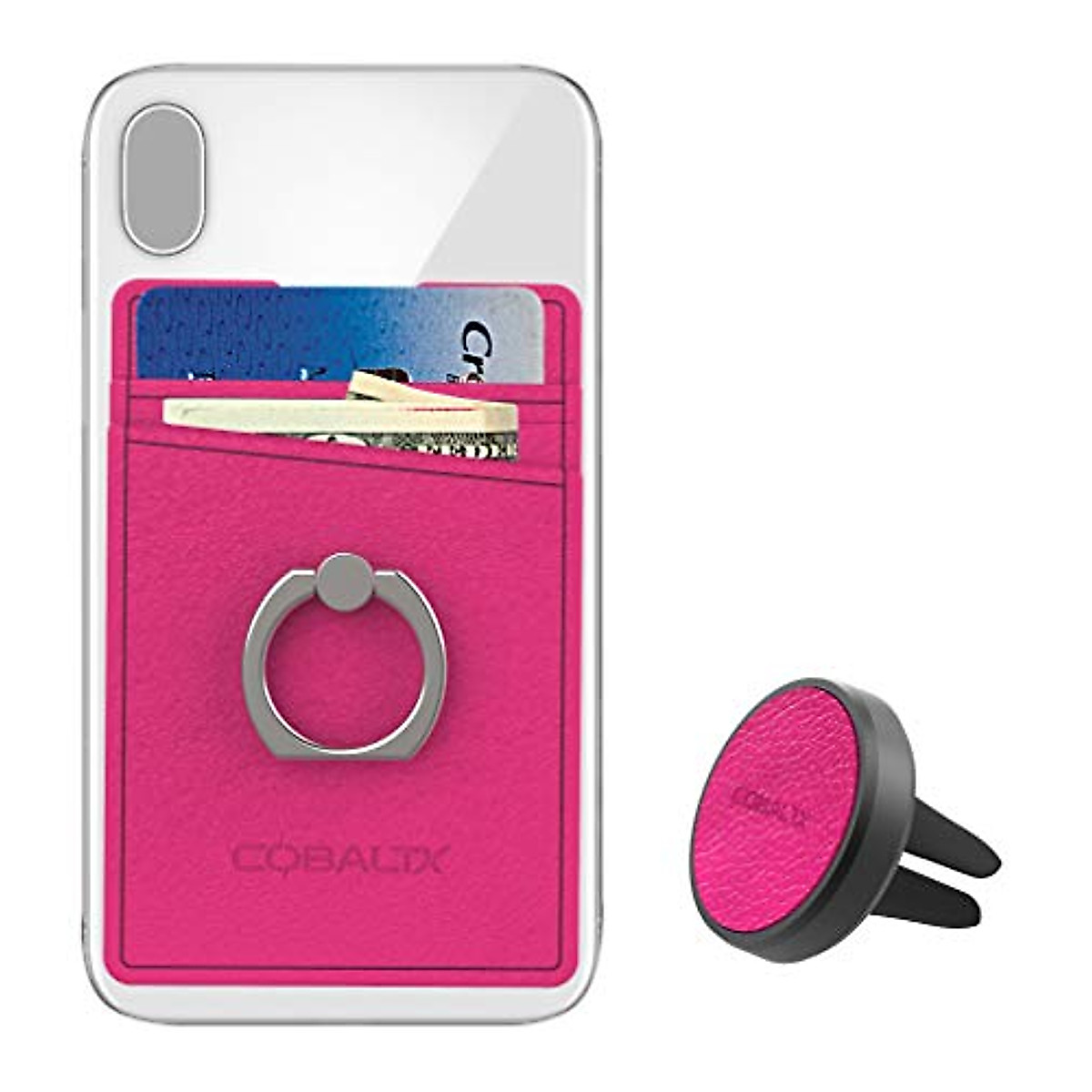COBALTX Leather Cell Phone Ring Wallet Adhesive and Matching Magnetic car Vent Mount Card Holder Back of Phone All in one Combo Wallet Ring Grip Kick Stand Phone Wallet Stick on with Ring (Hot Pink)