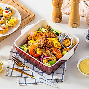 LOVECASA 8x8 inch Baking Pan, 2 Quart Square Cake Pan Baking Dish for Oven, Stoneware Brownie Pan Non-Stick, Casserole Baking Pan with Handle,Ceramic Bread Pans for Baking, Red