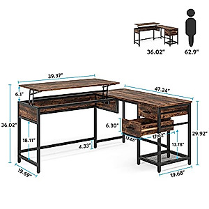 LITTLE TREE L Shaped Desk with Lift Top, Sit to Stand Corner Computer Desk with 2 Drawers, Height Adjustable Standing Desk with Storage Shelf for Home Office, Rustic Brown