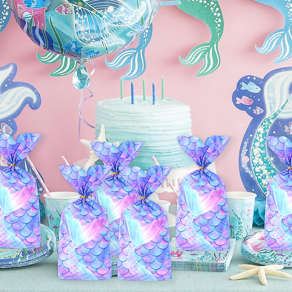 Mikzhskr 30 Pcs Mermaid Party Favors Bags Mermaid Party Decorations Cookie Goodie Candy Gift Bags Little Mermaid Cellophane Treat Bags with 30 Pcs Gold Twist Ties for Mermaid Birthday Party Supplies