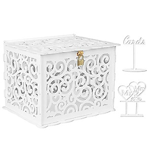 Wedding Card Box, KPOSIYA Hollow Out Wooden Card Box with Lock & Card Sign & Lace Table Mat , Wedding Decorations Card Receiving Box Card Box for Wedding Reception Birthday Party Baby Shower Anniversaries (White, Card box)