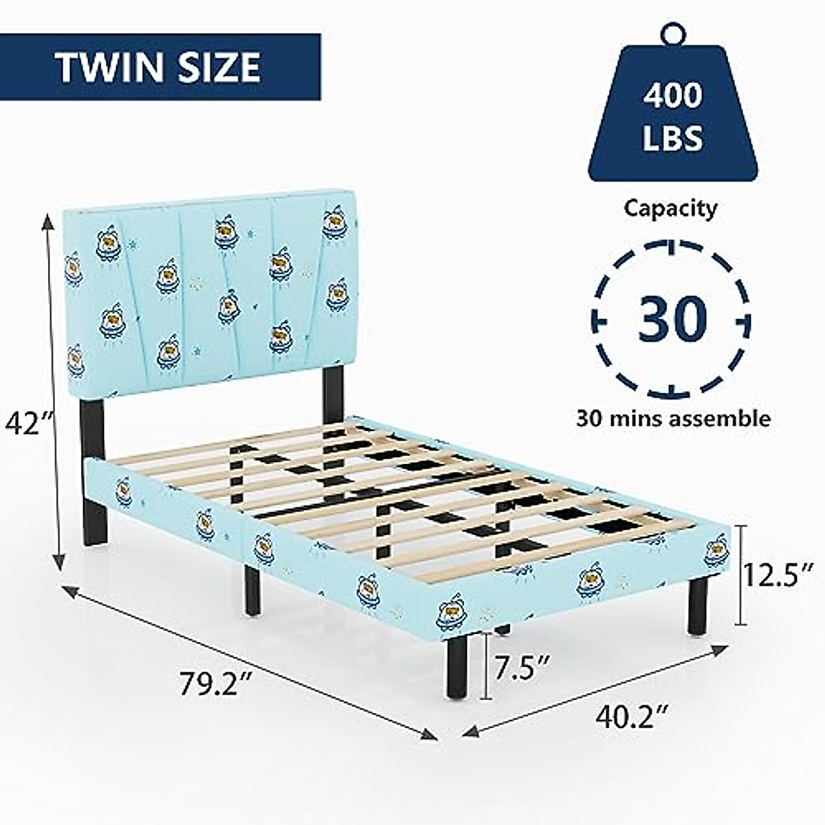 Molblly Twin Bed Frame Upholstered Platform with Headboard and Strong Wooden Slats, Strong Weight Capacity, Non-Slip and Noise-Free,No Box Spring Needed, Easy Assembly,Light Blue