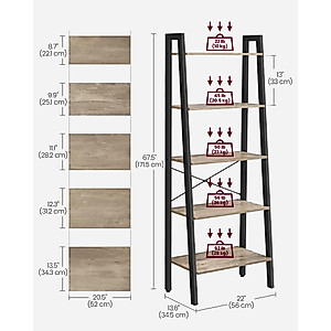 VASAGLE Ladder Shelf, 5-Tier Bookshelf, Storage Rack, Bookcase with Steel Frame, for Living Room Home Office, Kitchen, Bedroom, Industrial Style, Camel Brown + Black