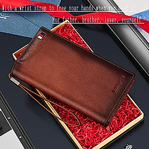 VANNANBA Mens Long Wallet Zipper Full Grain Leather Bifold Checkbook Cards Organized Holder Purse for Business Travel Gift