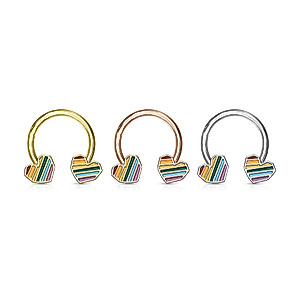 Pierced Owl 16GA 316L Stainless Steel Rainbow Heart Ends Septum Cartilage Horseshoe Barbell (Silver Tone)