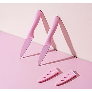 3.5 Inch Small Paring Knife with Sheath Non Stick Serrated Paring Knife set Pink Steak Knife Beautiful Kitchen Knife for Women Pink & Purple Combo (Set of 2 PINK PLAIN + SERRATED BLADE)