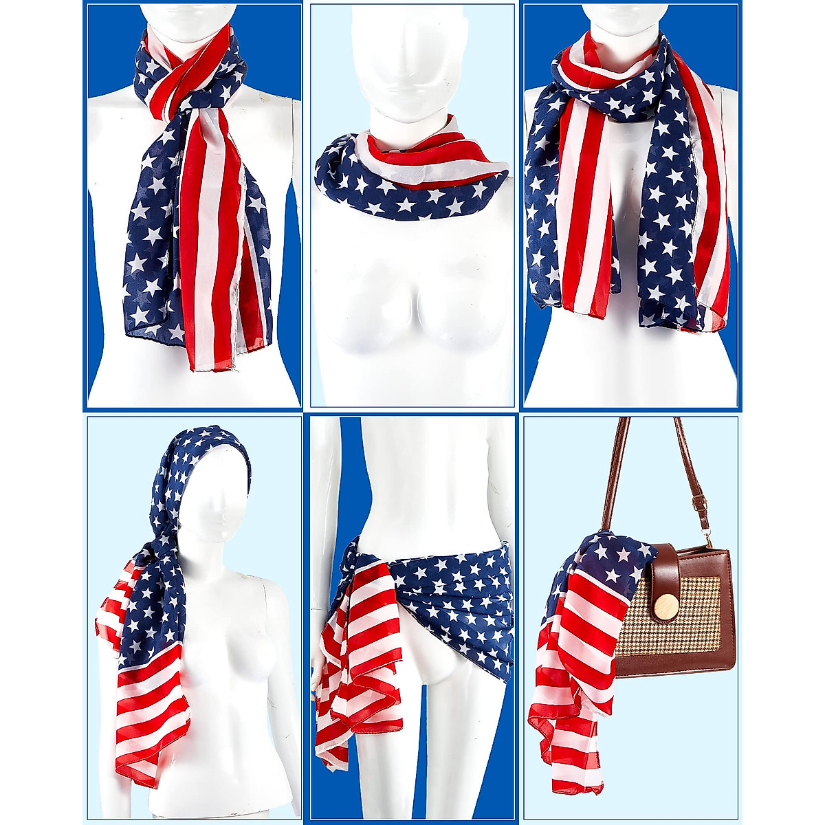 Tarpop 2 Pcs American Flag Patriotic Scarf Chiffon US Flag Scarf Long 4th of July Scarf Flag Shawl Independence Day(Bright Style)