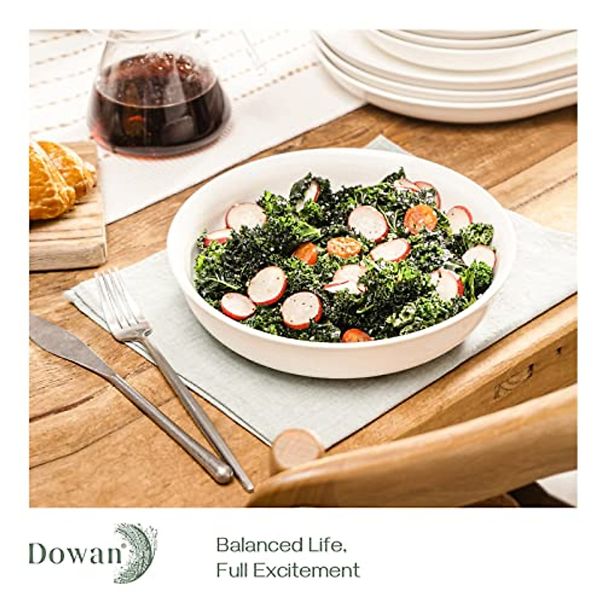 DOWAN Large Pasta Bowls, 46 Ounces Salad Serving Bowls, Ceramic Pasta Bowls Set of 4, Wide and Shallow Bowls Set, 9.2" Soup Pasta Plates, Microwave Dishwasher Safe