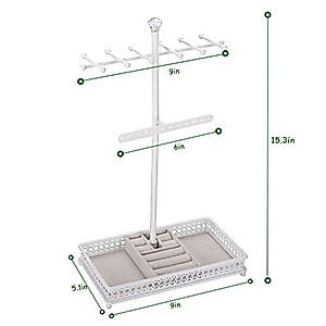 Meangood Jewelry Tree Stand Organizer 3in1 Necklace Organizer Display Bracelet Earrings and Ring Tray Jewelry Holder Hanger Metal（White）