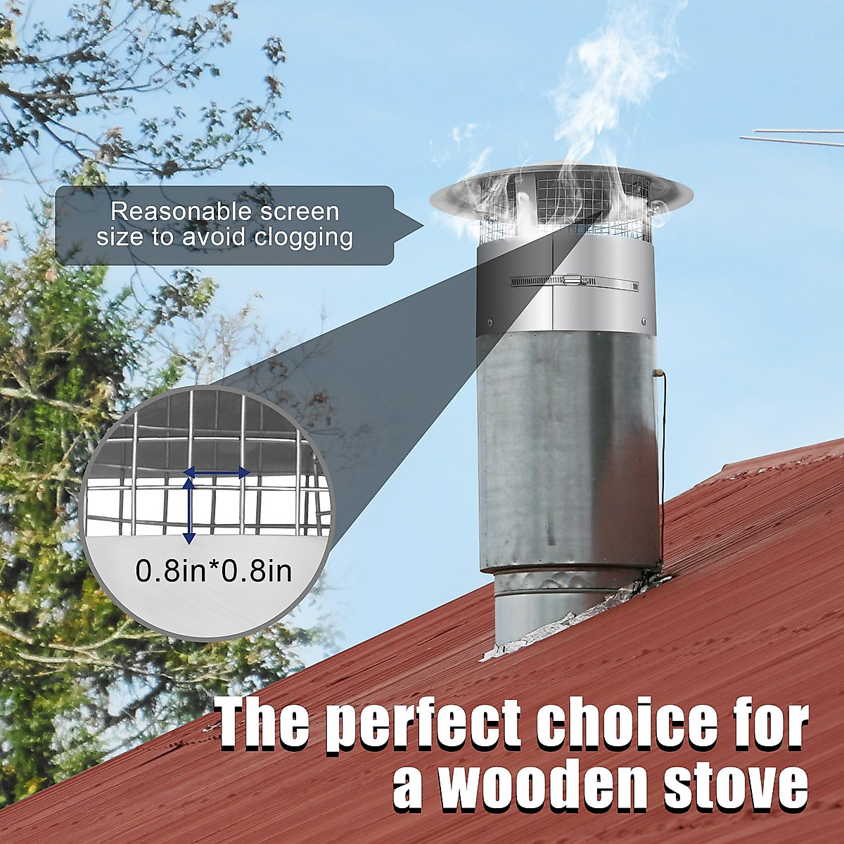 Bootuu 8 Inch Round Chimney Cap, 8 Inch Tapered Top Chimney Cap with Screen, 8 Inch Chimney Cap with Fastening Device with Screen, Stovepipe Finial, Stainless Steel