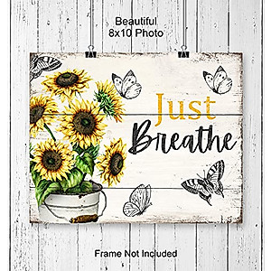 Just Breathe Sunflower Wall Art - Positive Quotes Wall Decor - Encouragement Gifts for Women - Inspirational Quotes Wall Decor - Uplifting Gifts for Women - Bedroom Wall Art Sign - Country Wall Art