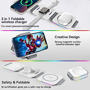 Magnetic Wireless Charger Foldable,15W Fast Mag-Safe Charger Compatible with iPhone 15/14/13/12/11/Pro/SE/XS/XR/X/8,3 in 1 Charging Pad Compatible with iWatch 8/7/6/SE/5/4/3/2,Airpods 2/3/Pro,Samsung