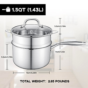 Leetaltree 1.5 Quart Stainless Steel Saucepan with Steamer Basket, Tri-ply Construction, Multipurpose Sauce Pan with Double-sized Drainage Lid - Perfect for Cooking Gravies, Pasta, Vegetable and More