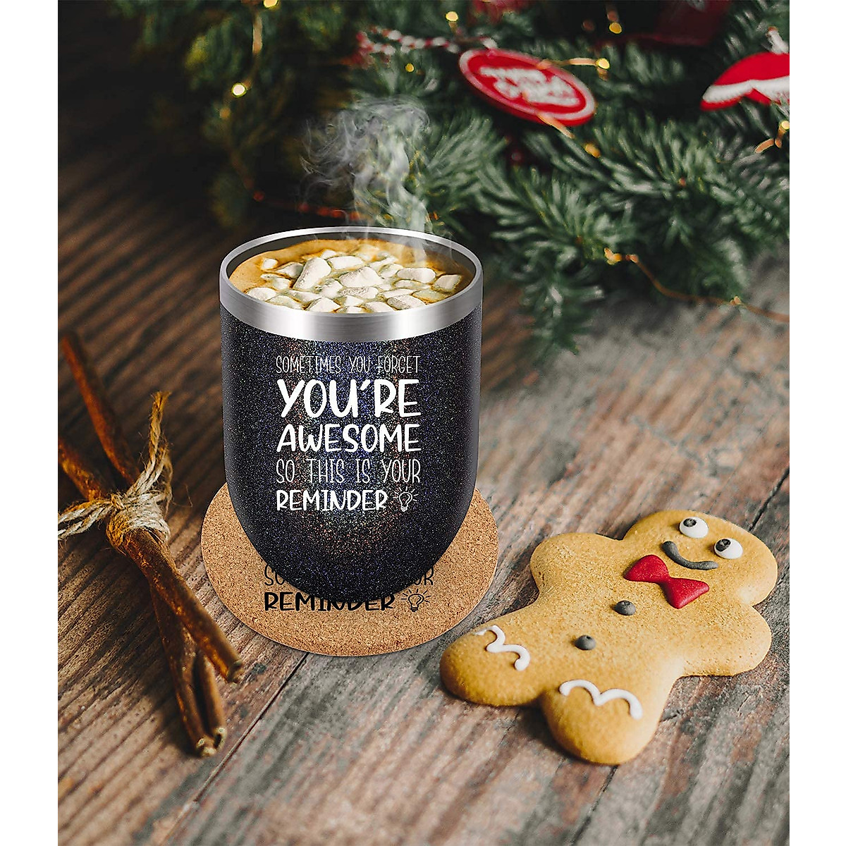 Sometimes You Forget That You are Awesome-Birthday Leaving Graduation Christmas Thank You Gifts for Women Friends Coworkers BFF Stainless Steel Wine Tumbler with Straw and Lid 12Ounce Glitter charcoal