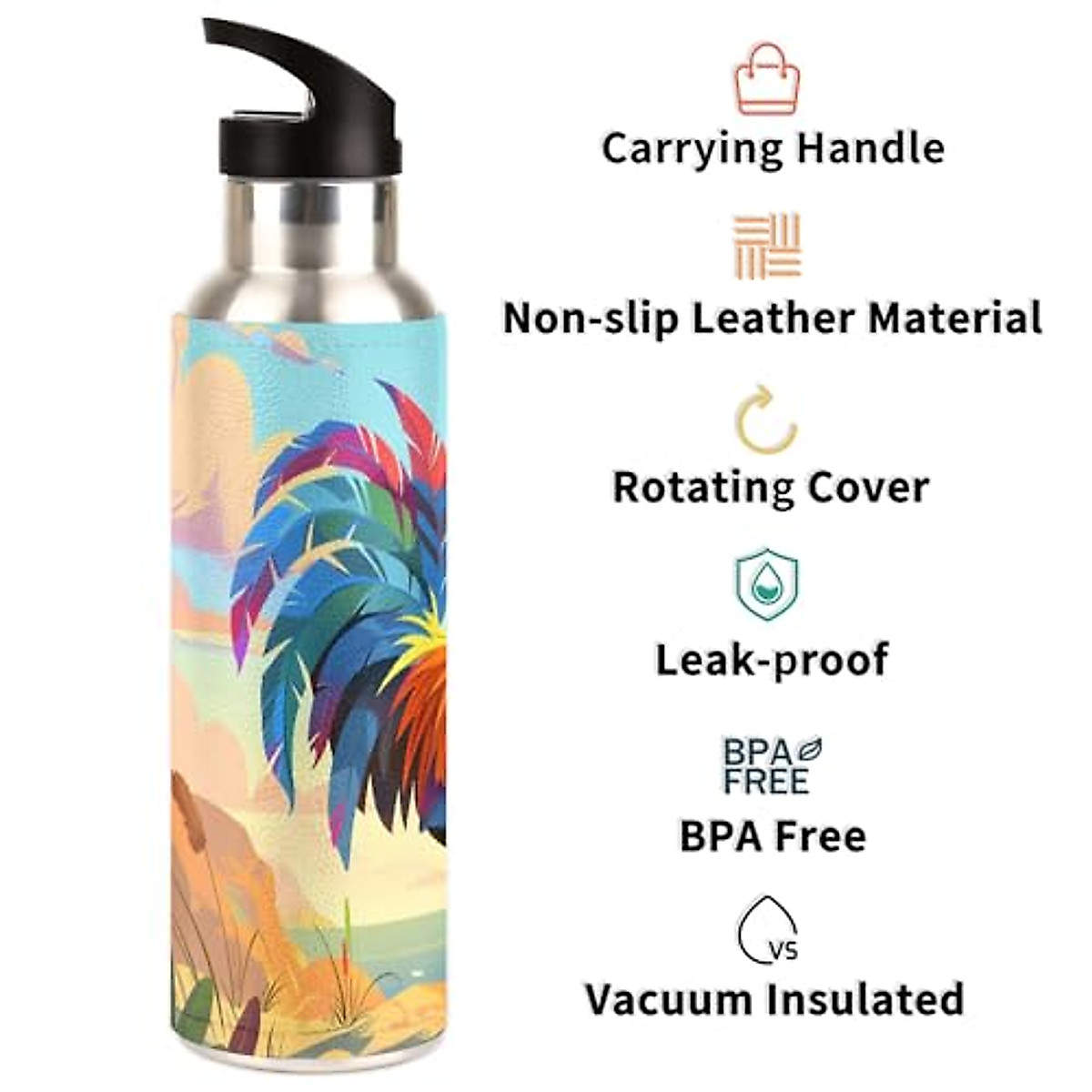 Rooster Animal Water Bottle 20 oz Insulated Thermos With Lid Stainless Steel Bottle Circle Sports Water Bottles Keep Hot Cold Leakproof Vacuum Water Flask
