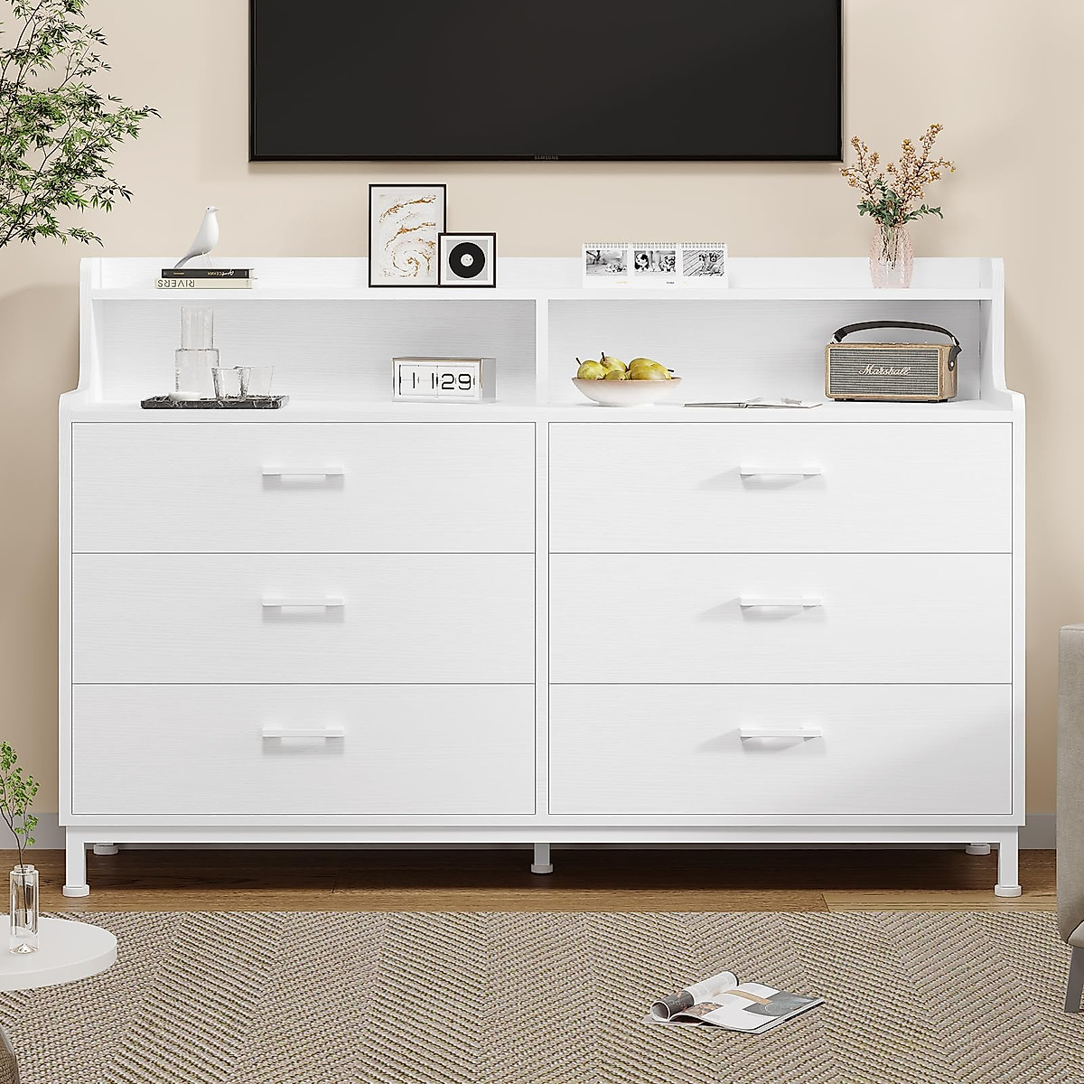 DICTAC White Dresser for Bedroom, 6 Drawers Double Dresser with Shelves, Wood Chest of Drawers, Large Capacity Storage Organizer Dresser for Bedroom, Living Room, Hallway
