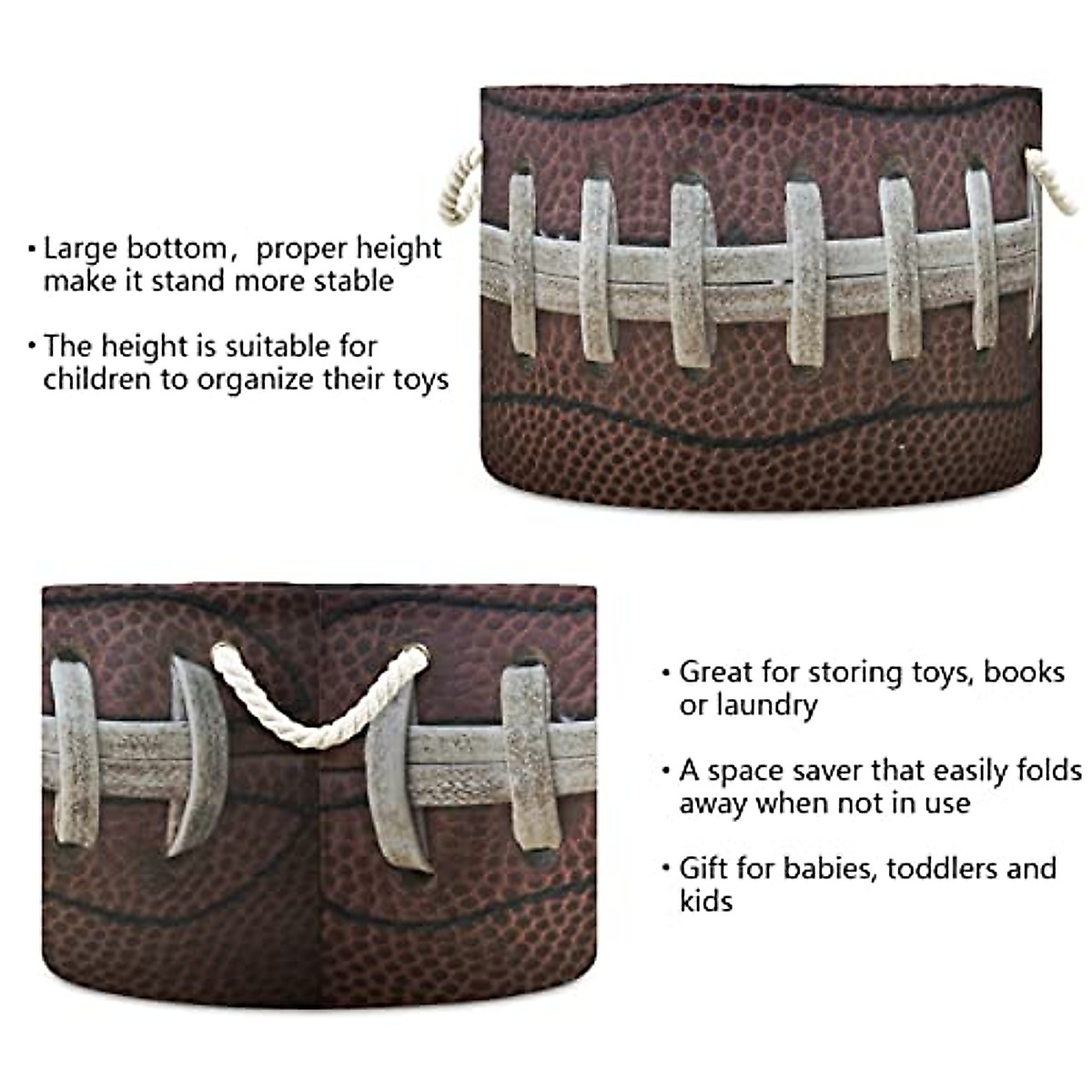 American Football Laces Toy Storage Basket for Nursery Playroom Kids Dog Toys Large Collapsible Fabric Organizer Bin for Living Room Home Office Apartment Laundry Room