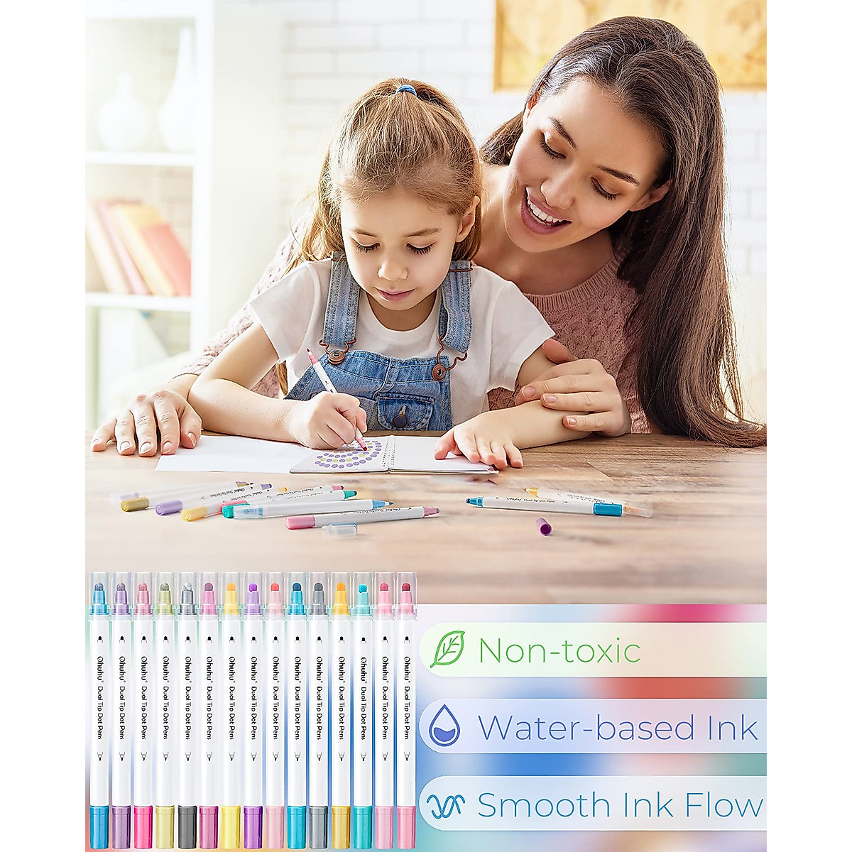 Ohuhu Dual Tip Dot Markers: 15 Colors Dot Marker Pens (Fine & Dot) for Kids Adults Water-Based Ink Metallic & Regular Colors Dot Pens for Journaling Scrapbooking DIY Highlighting Drawing Markers