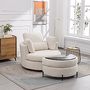 Oversized Swivel Accent Barrel Chair with Storage Bench Large Ottoman+4 Pillows,Comfy Upholstered 360 Recliner Sofa Club Chaise Leisure Round Loveseat Lounge Armchair for Living Room/Hotel/Nursery