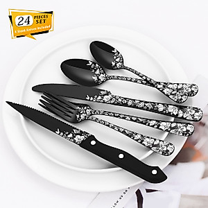 Stapava 24-Piece Black Silverware Set with Steak Knives for 4, Unique Stainless Steel Flatware Cutlery Set, Include Fork Spoon Knife Set, Mirror Polished, Dishwasher Safe Utensils