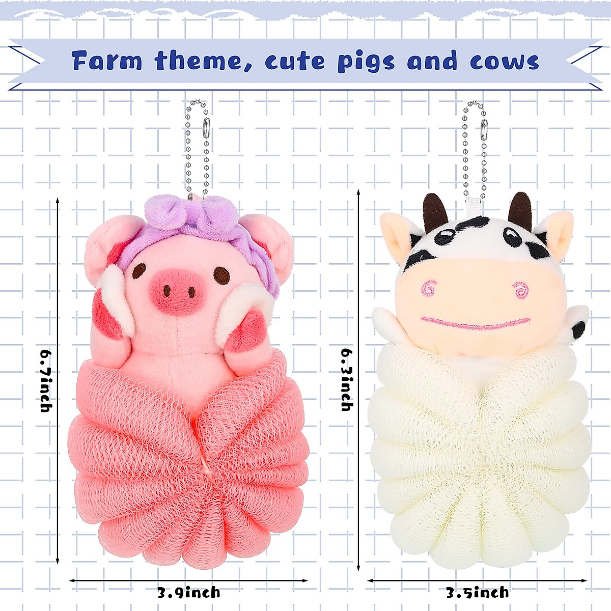 2 Pcs Bath Sponge Kids Body Shower Loofah Cute Animal Loofah Sponge Cartoon Shower Loofah Colorful Baby Bath Pouf Mesh for Toddler Children Adults Gifts Shower Washing Exfoliating (Pig, Cow)