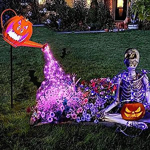 yeuago Halloween Pumpkin Lights Solar Watering Can with Purple Lamp Beads,Fairy Garden Solar Decoration, Metal Waterproof Garden Ornament Mother's Day Gift Table Patio Yard Pathway Party