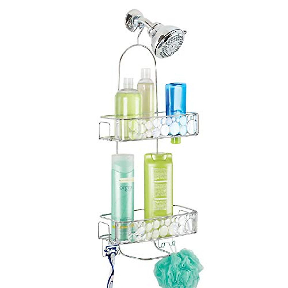 iDesign Bubbli Metal Extra-Large Hanging Shower Caddy for Tall Shampoo, Conditioner, and Soap with Hooks for Razors, Towels, Loofahs, Silver