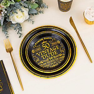 Crisky Aged 50 Years Vintage Dude Napkins Plates Cups Disposable Tableware Set of 24 for Men 50th Birthday Party Decorations Black Gold (9" Plates,7" Plates, Luncheon Napkins, 9oz Cups)