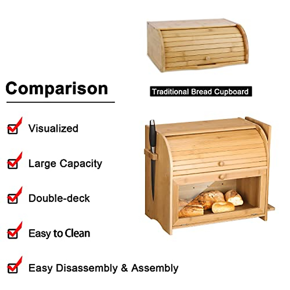 HOMEKOKO Double Layer Large Roll Top Bread Box for Kitchen Counter, Retro Design Wooden Large Capacity Bread Storage Bin (Natural)