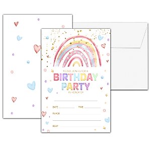 Chuxvon Birthday Party Invitations, Rainbow Heart Birthday Invitations, Double-Sided Fill In Birthday Invites, Birthday Party Favors Decorations Supplies, 20 Cards With 20 Envelopes(Invite-A01)