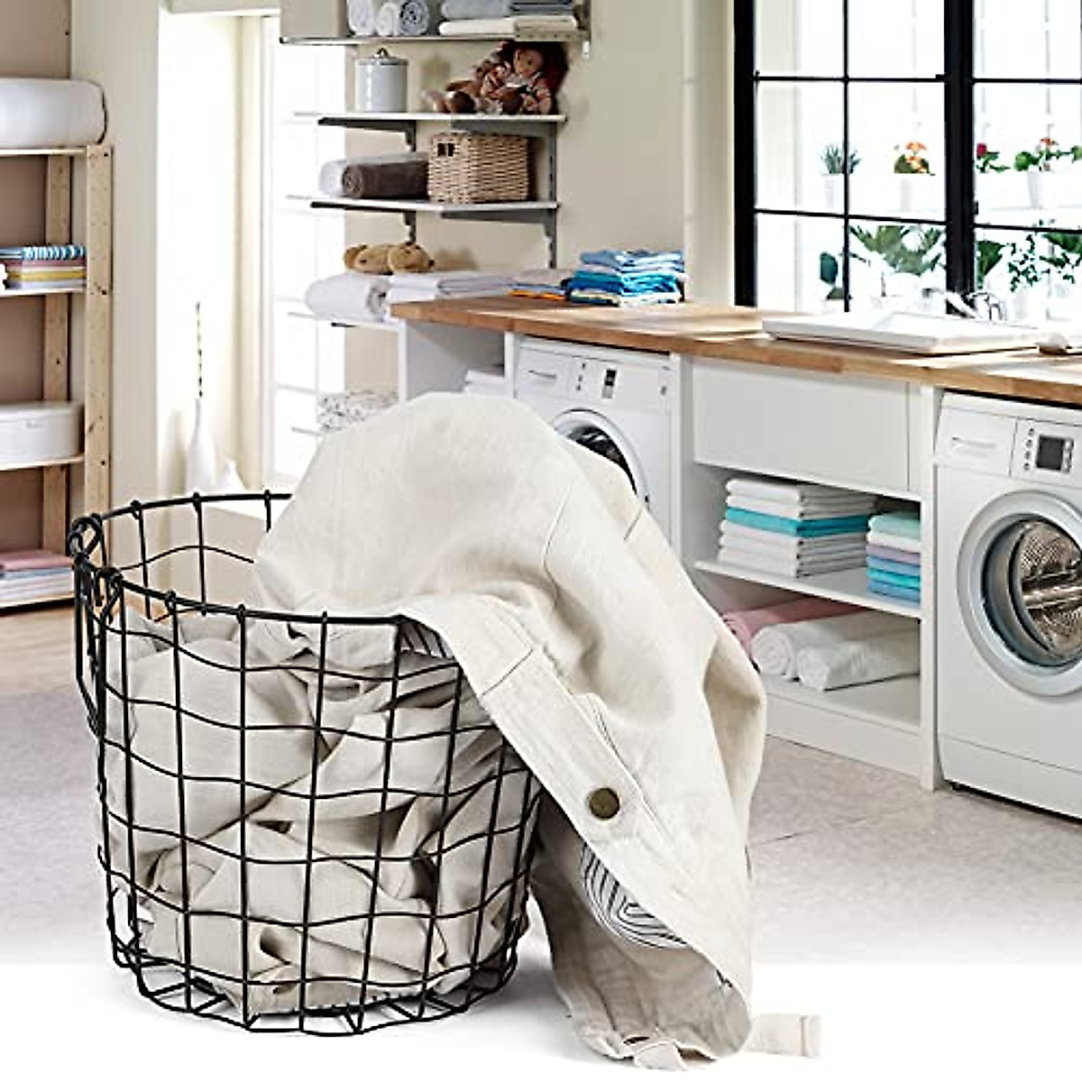 Iron Wire Laundry Hamper, Folding Laundry Storage Basket with Handles, Dirty Laundry Hamper Cart Sorter Clothes Basket Organizer