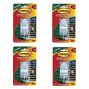 Command Large Clear Outdoor Window Hook, 3 Piece (1 Hook, 2 Strips), 4 Pack