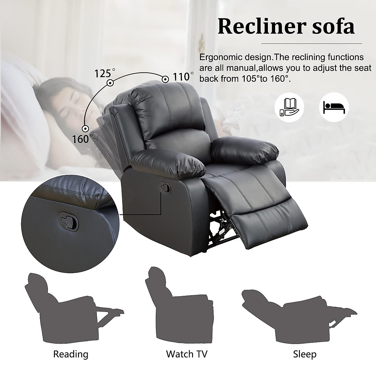 Ocstta Leather Recliner Sofa for Living Room Furniture Set,Recliner Sofa Set for House/Office(Leather Sofa Loveseat 1 Pieces) Black