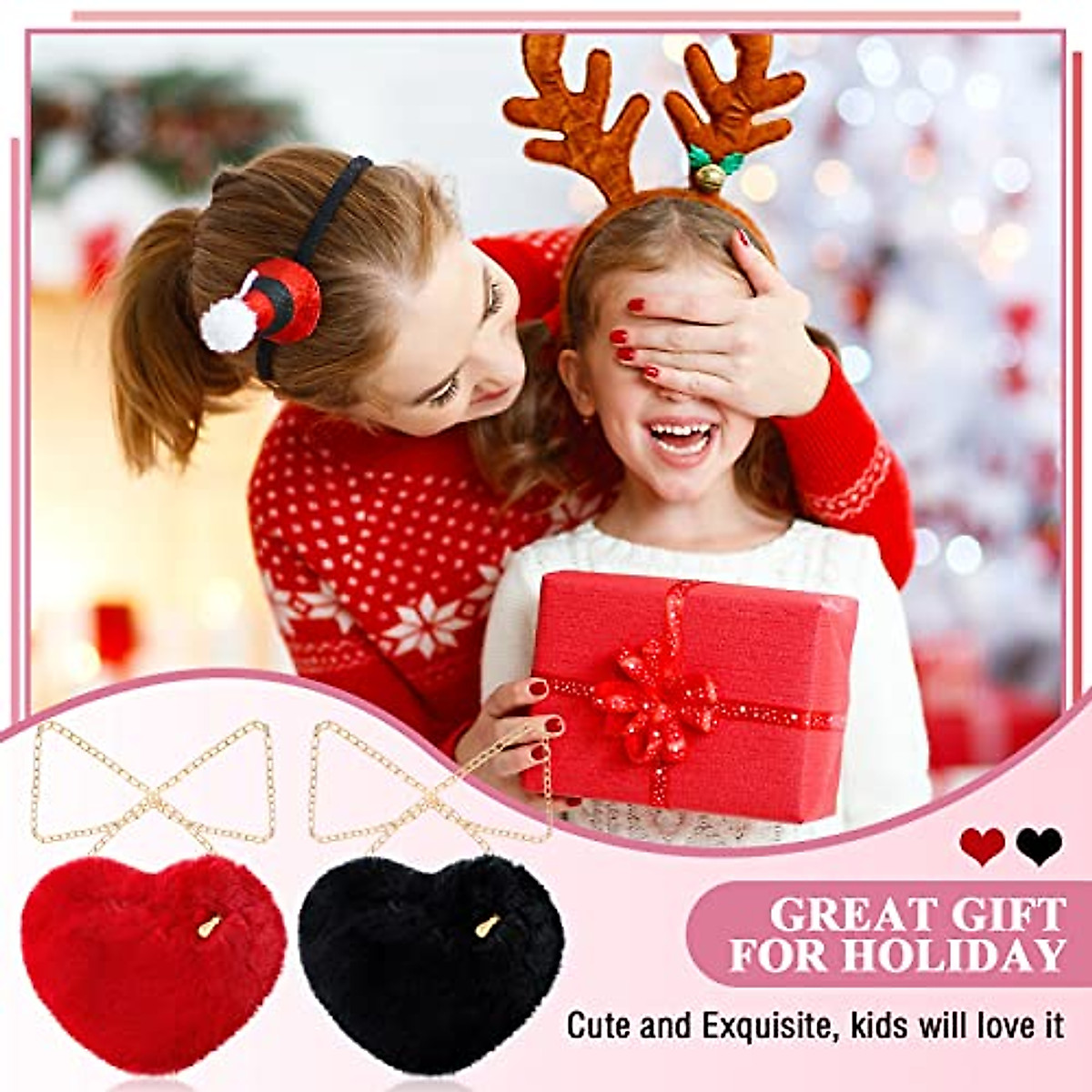 Saintrygo 2 Pcs Heart Purse for Women Girls Heart Fluffy Purses Fur Shoulder Bag Crossbody Purses with Gold Chain (Red and Black)