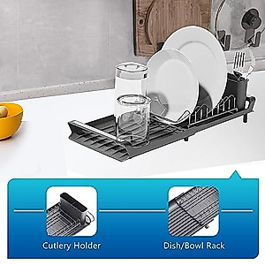 Joemdehazam Dish Drying Rack,Expandable Dish Rack,Compact Dish Rack Durable, Stainless Steel Dish Drying Rack with Removable Cutlery Holder, Small Sink Drainer for Sink or Kitchen Countertop (Grey)