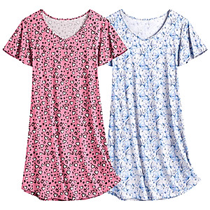 Ekouaer 2 Pack Nightgowns for Women Flare Short Sleeve Sleepshirt V Neck Sleepwear Pajama Dress Leopard+Butterfly XL