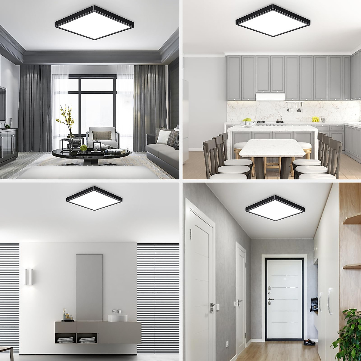 Rezant 12 Inch 24W Flush Mount Square LED Ceiling Light, 3000K/4000K/6000K Adjustable Flush Mount Light Fixture, 2800LM Bright Flat Ceiling Light Fixtures for Bedroom, Kitchen, Hallway (Black-4 Pack)