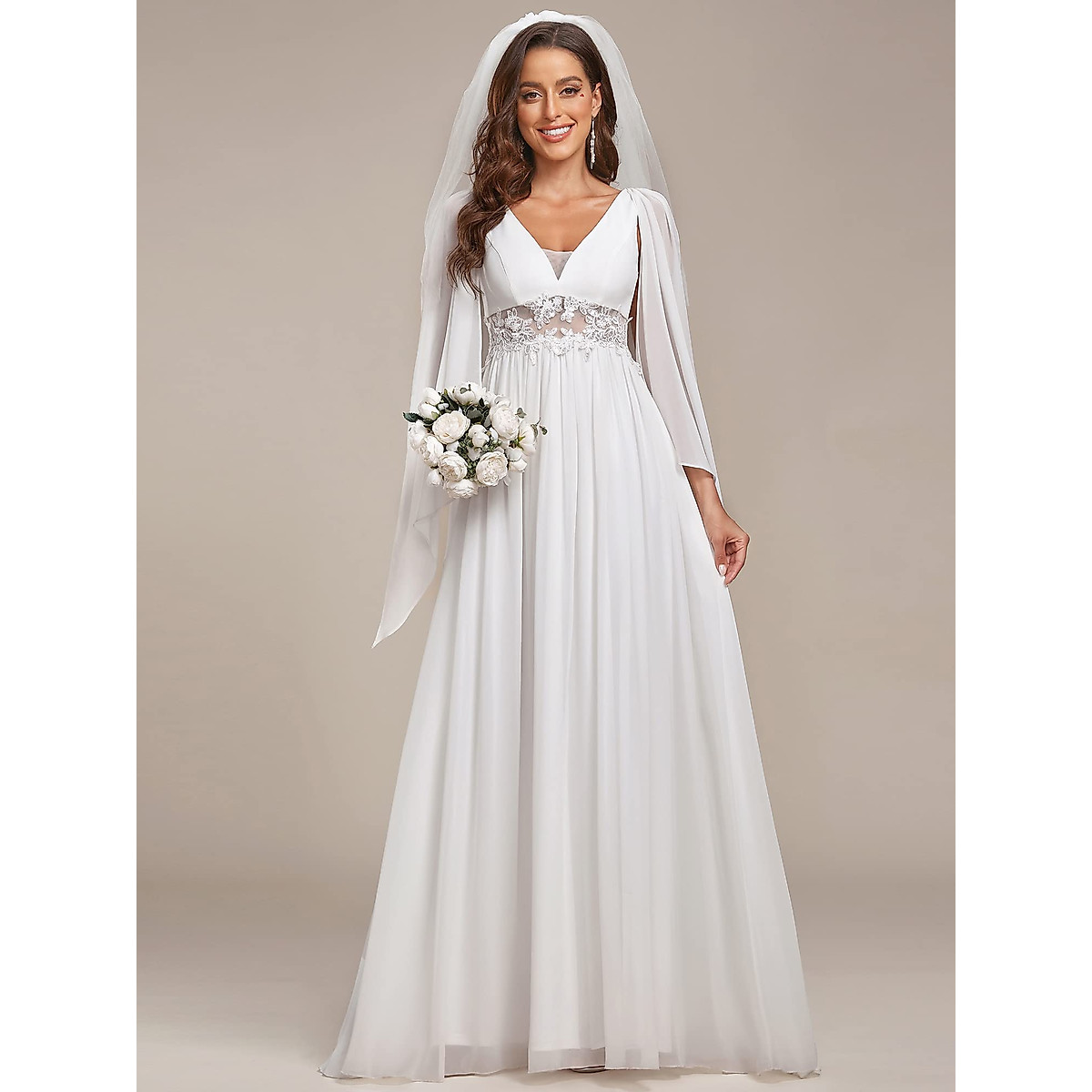 Ever-Pretty Women's Illusion Long Appliques A-line Chiffon Summer Wedding Dresses White US4