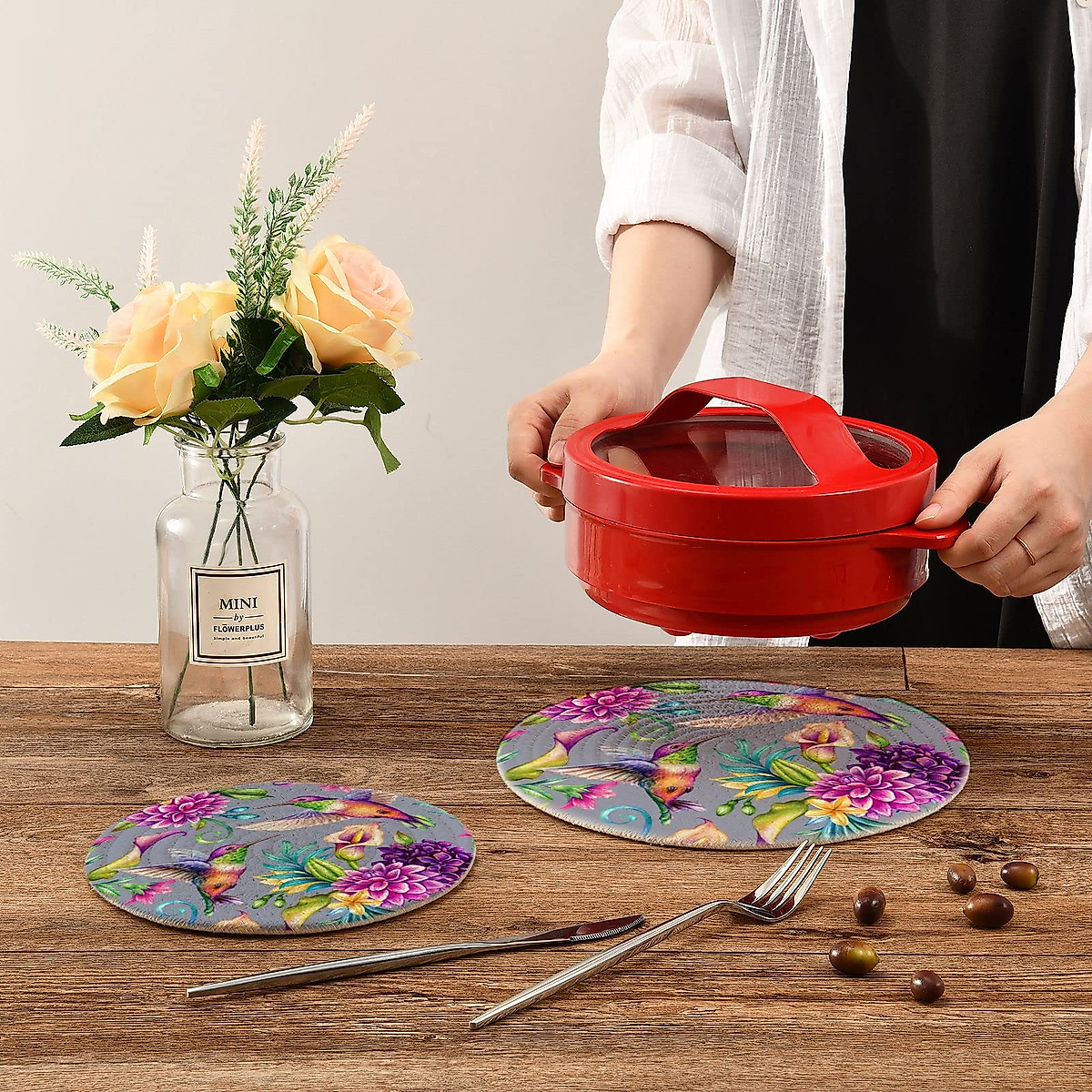 Blueangle Hummingbird on Purple Flowers Pot Holders Trivets Set 2 Pcs, Potholders for Kitchens, Pure Cotton Thread Weave Trivets for Hot Dishes/Pot/Bowl/Hot Pot Holders（755）