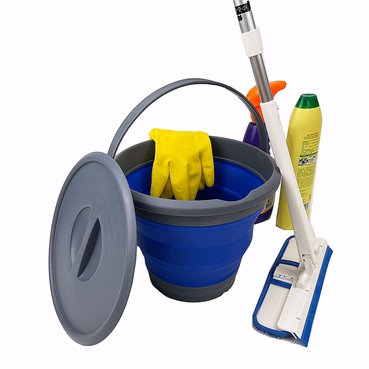 SAMMART 5.5L (1.4 Gallon) Collapsible Plastic Bucket with Lid - Foldable Round Tub with Lid - Portable Fishing Water Pail - Space Saving Outdoor Waterpot. (Purplish Blue +Turquoise Blue)