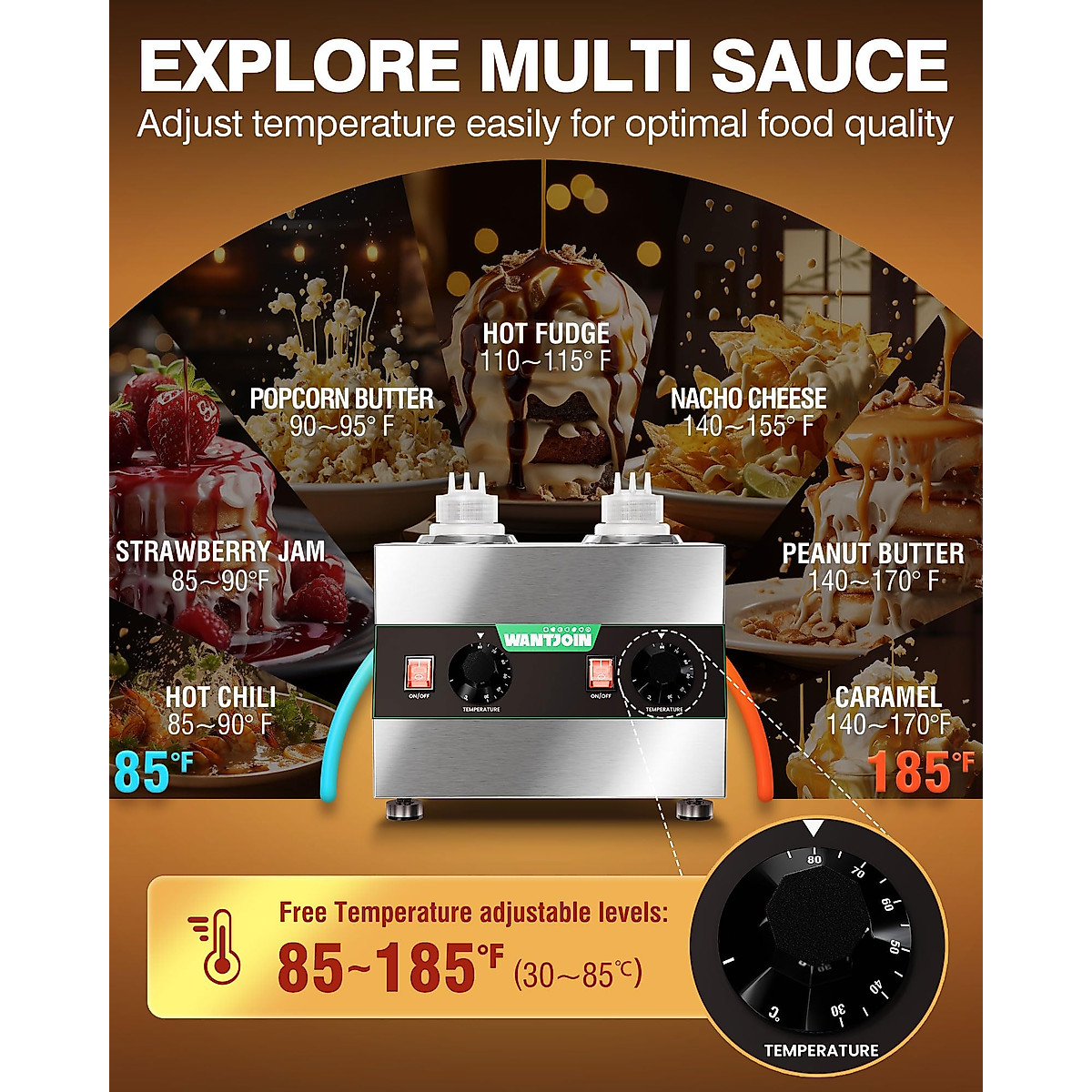 WantJoin Electric Sauce Warmer Dispenser - Countertop Stainless Steel Sauce Heat Preservation Machine 320W Hot Fudge Nacho Cheese Ketchup Chocolate Warmer for Commercial with 650ml Squeeze Bottle*2