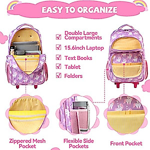 VASCHY Rolling Backpack Kids, 17in Water Resistant Large Schoolbag Carry-on Travel Trip Bag with Wheels for Girls Unicorn