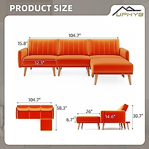 UPHYB L-Shaped Orange Velvet Sectional Recliner Sofa Couch, 105" Modern Convertible Sleeper Sofa Bed with Adjustable Backrest, 3 Seat Sofa Set with Ottoman and 2 Pillows for Living Room and Apartment