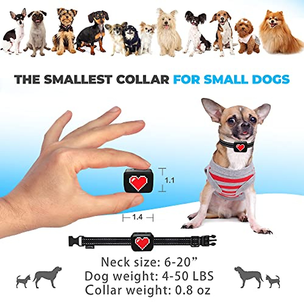Small Dog Bark Collar Rechargeable - Anti Barking Collar for Small Dogs - Smallest Most Humane Stop Barking Collar - Dog Training No Shock Bark Collar Waterproof - Safe Pet Bark Control Device