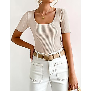 ZESICA Women's 2023 Short Sleeve Square Neck T Shirts Slim Fitted Summer Ribbed Knit Basic Casual Tee Tops,Sand,Medium